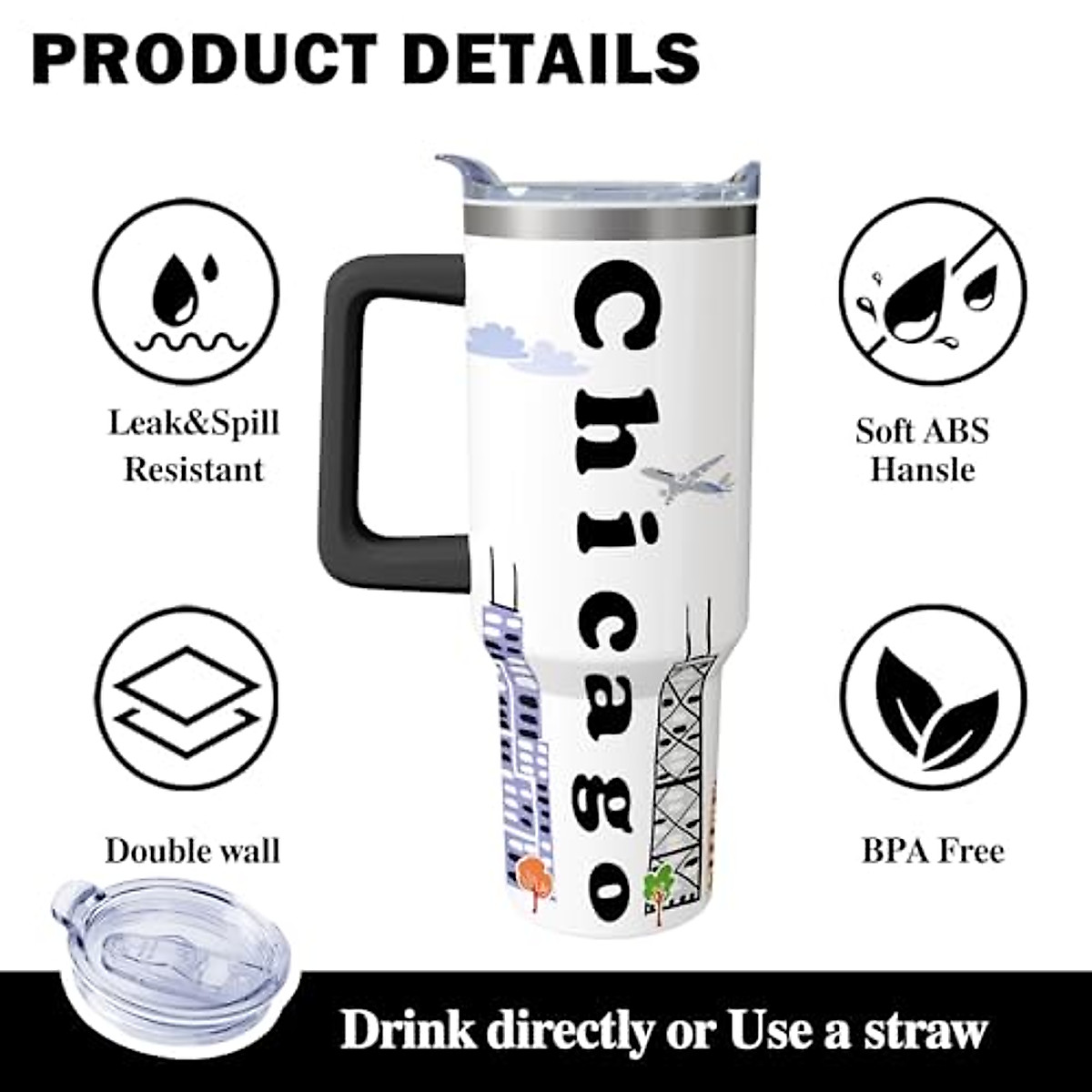 Vehcimbev City Themed Tumbler - 40oz With Hanld Stainless Steel Travel Coffee Mug with Leak Proof Lid - Hot/Cold Drinks,Perfect Chicago Souvenir Gift (Chicago)