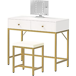 SUPERJARE Vanity Desk, Makeup Vanity with Stool & Tri-fold Lighted Mirror and Modern Ladder Shelf, 5-Tier Open Wall-Mounted Bookshelf with Stable Metal Frame