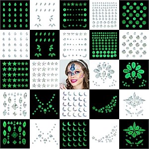 12Sets Halloween Luminous Face Gems-Noctilucent Face Jewels-Fluorescent Rhinestone Stickers Glow in the Dark for Eye Body Euphoria Makeup Jewelry Carnival Halloween Rave Festival Accessory