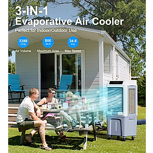 MEPTY Evaporative Air Cooler, 3288CFM Swamp Cooler, Portable Air Cooler Fan with Remote Control, 3 Speeds, 120°Oscillation, 12H Timer for Indoor & Outdoor Patio Garage Use,10.6 Gallon,42inch