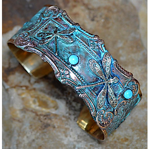 Elaine Coyne Wearable Art Patina Brass Dragonflies Cuff Bracelet - Turquoise