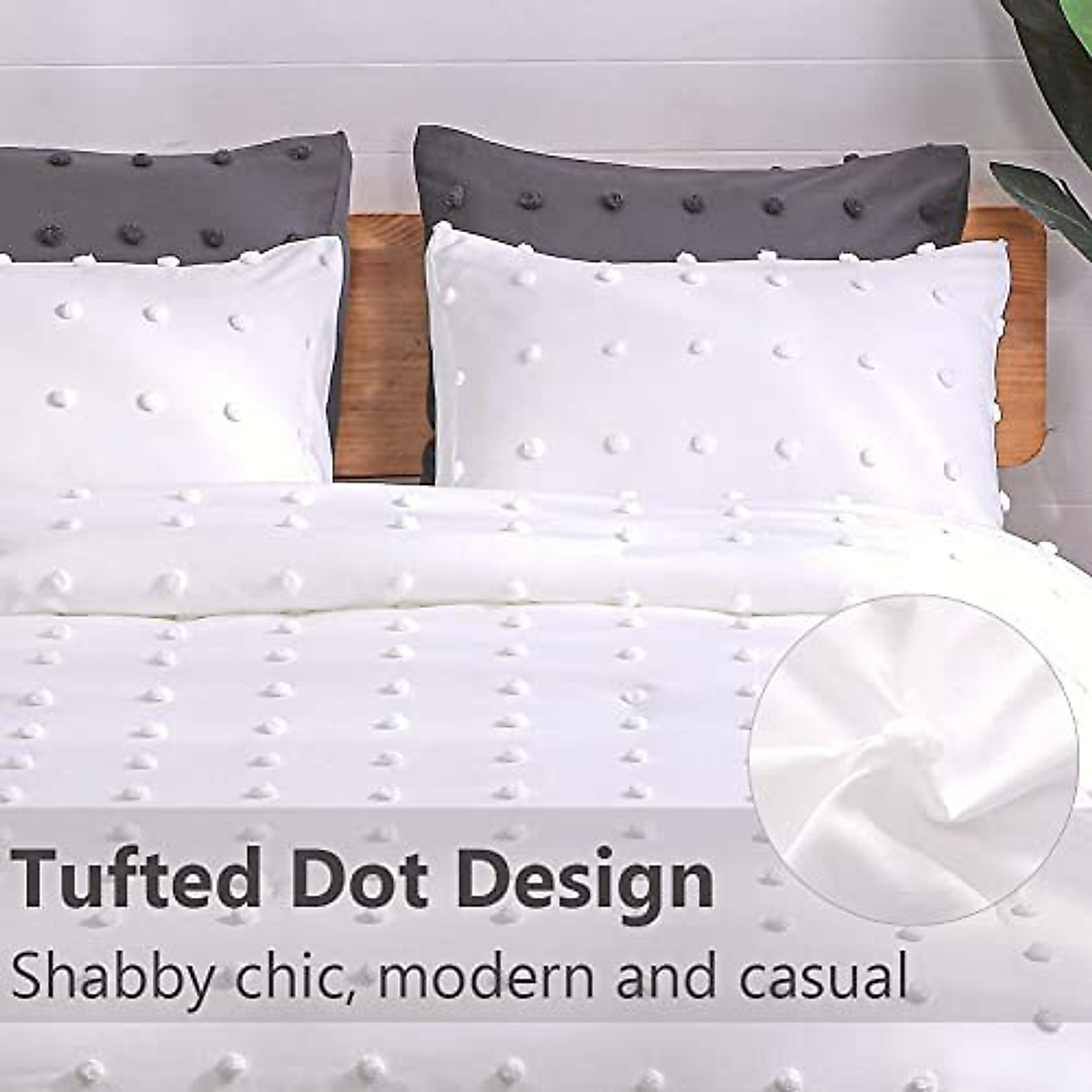 Paxrac Tuffed White Comforter Set King Size(104x90 inches), 3 Pieces- Soft Cotton Lightweight Comforter with 2 Pillowcases, Chenille Dots All Season Down Alternative Comforter Set for Bedding