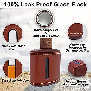 Handmade Genuine Leather Hip Flasks for Liquor for Men, Glass Whiskey Flask with Funnel & Wood Lids Leakproof for Hennessy Liquor & Spirits, Premium Flask Set Gifts Idea for Men Women (Brown, 100ml)