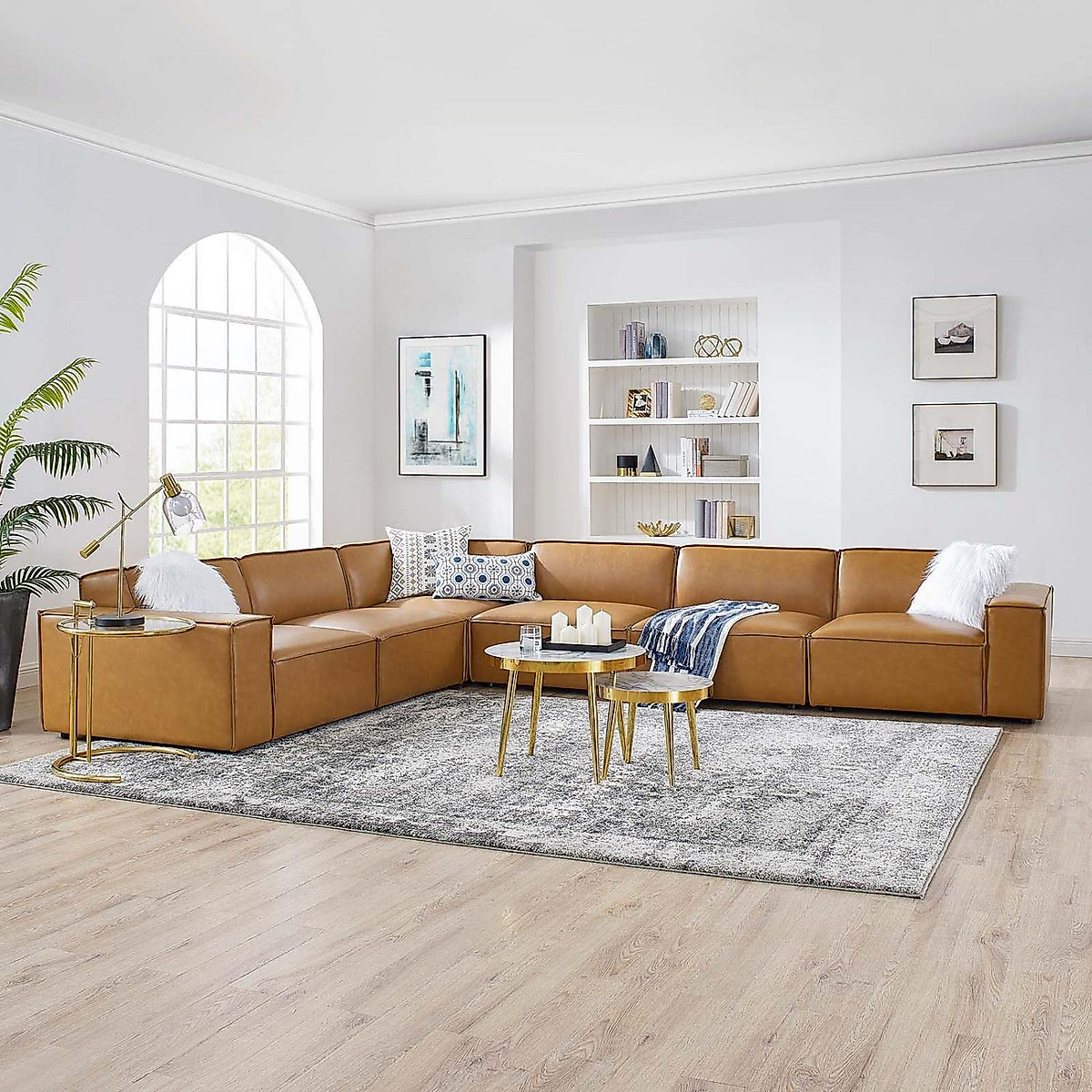 Modway Restore 6-Piece Vegan Leather Sectional Sofa in Tan