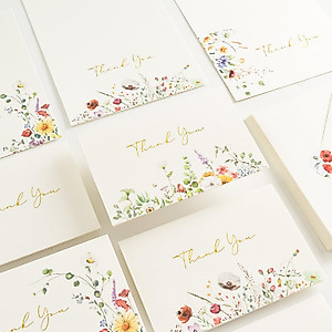 Crisky Thank You Cards 4 Assortment, Gold Foil Watercolor WildFlowers (50 Cards with Envelopes for Birthday, Baby Shower, Bridal Shower, Wedding, All Occasion)