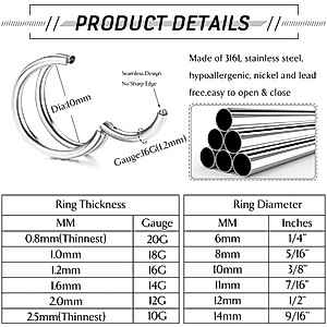 Jstyle 18G 16G Surgical Steel Nose Rings Hoops for Women Opal CZ Septum Rings Clicker Hinged Segment Lip Helix Cartilage Conch Daith Rook Nose Body Piercing Jewelry 18G 8mm