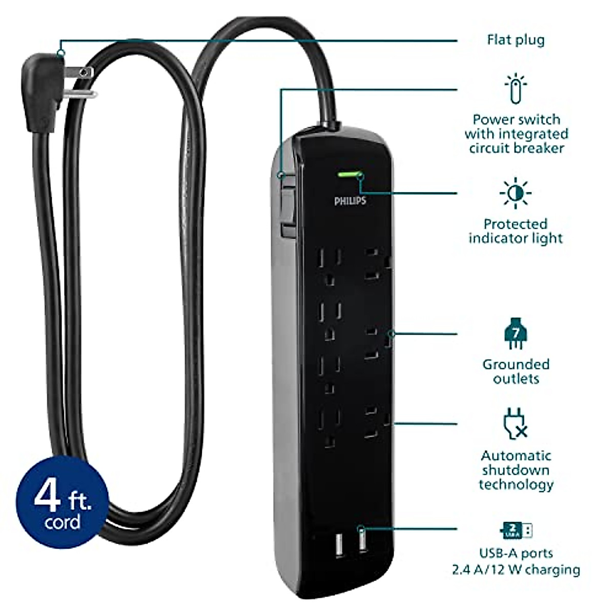 Philips 7-Outlet Surge Protector with USB Charging