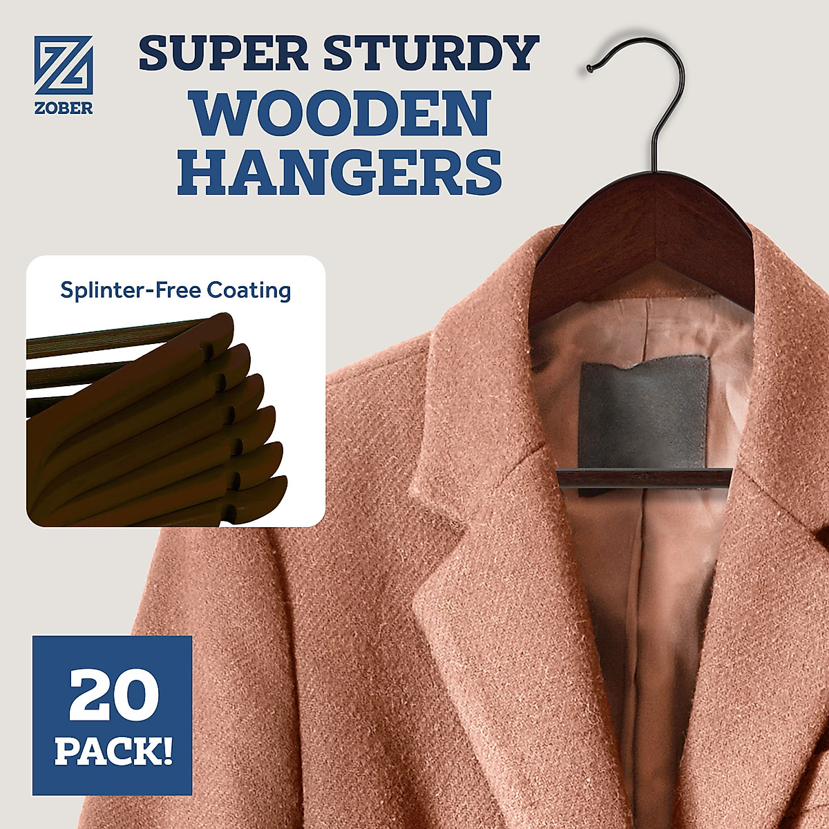 Zober Wooden Hangers 20 Pack - Non Slip Wood Clothes Hanger for Suits, Pants, Jackets w/ Bar & Cut Notches - Heavy Duty Clothing Hanger Set - Coat Hangers for Closet - Vintage