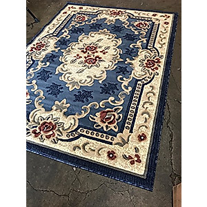 Traditional Aubusson Persian Area Rug Light Blue with Red Design 507 (5 Feet 3 Inch X 7 Feet 2 Inch)