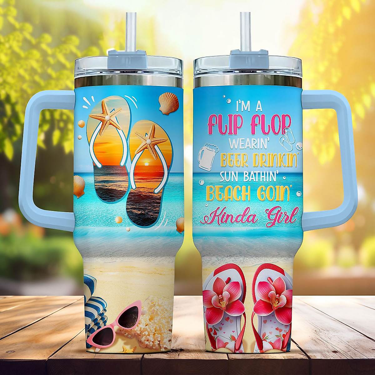 99WHALE Coffee Yellow Blue Women Tumblers Quartz Light Simple Steel Hot Navy Myrtle Royal, Beach Gifts, Tumbler 40 Oz With Handle Lid And Straw, Kinda Girl Beach Sunshine