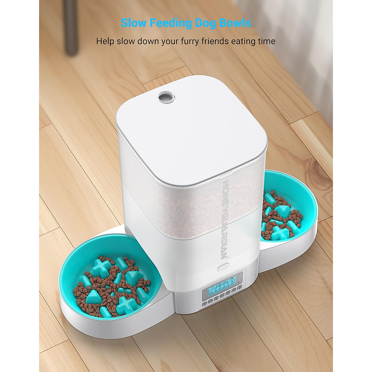 HoneyGuaridan Automatic Cat Feeder for Two Cats,3.5L Cat Food Dispenser with Slow Feeder Bowl,Timed Cat Feeder Programmable 1-6 Meals Control, Dual Power Supply,10s Meal Call White