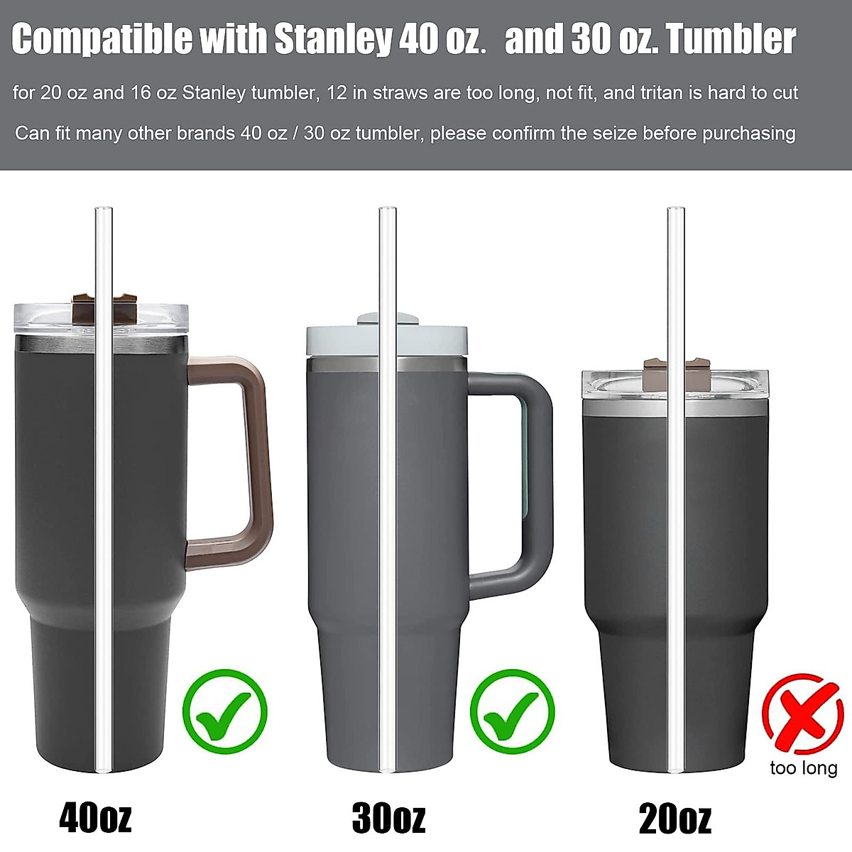 ALINK 8 Pack Replacement Glass Straws for Stanley 40 oz 30 oz Tumbler, 12 in Long Reusable Clear Straws for Stanley Cup Accessories, Half Gallon Jug, Plus 2 Cleaning Brush