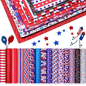 15 Pieces Labor Day American Flag Faux Leather Sheets Glitter Sequins Synthetic Leather Sheets DIY Faux Leather Fabric Making Earrings Bows DIY Crafts, 8.3 x 6.3 Inch (Classic Style)