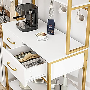 HITHOS Industrial 5-Tier Kitchen Bakers Rack with 2 Drawers, Microwave Oven Stand with Storage Shelves and Hutch, Kitchen Shelf with Storage, Coffee Bar for Living Room, Home Office, Gold White