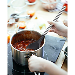 2 Pcs Silicone Cooking Spoons, Solid and Slotted Spoon Set, Non-Stick BPA Free Heat-Resistant Basting Stainless Steel Handle Kitchenware for Cooking, Soup, Serving, Draining, Stirring (black)