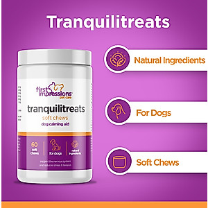 First Impressions Tranquilitreats - Calming Chews for Dogs, Anxiety Relief for Dogs - Packed with Chamomile, Ginger, Melatonin - Soft, Tasty, Chill-Out Calming Dog Treats - 60 ct