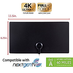 GE Ultra Edge Indoor HD Digital TV Antenna, Long Range Smart TV Antenna, Slim Décor Reversible Black White Design, Supports 4K HD Smart TV VHF UHF, 6ft Coax HDTV Cable, 11264