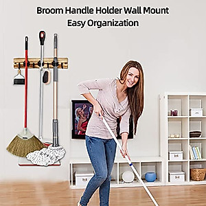 Mop and Broom Holder Wall Mount,3 Racks 4 Hooks Solid Wood Broom Organizer, Heavy Duty Broom Hanger for Home, Kitchen, Garage,Laundry,Closet, Garden Tools Storage - Wall Holder For Broom,Mop Handle
