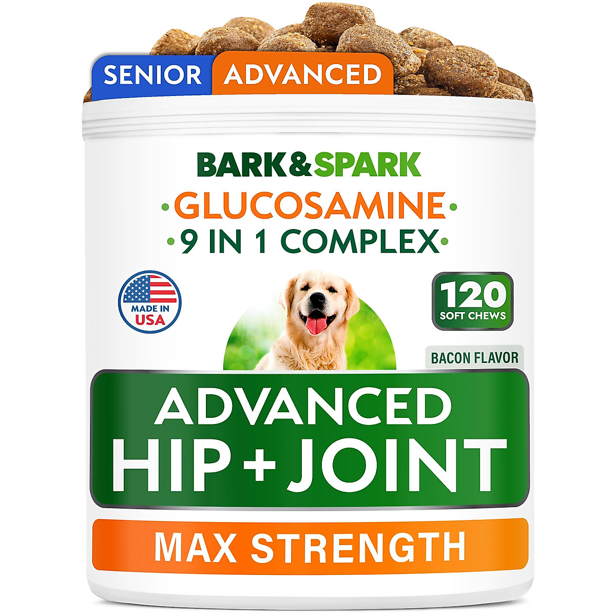 BARK&SPARK Senior Advanced Glucosamine Chondroitin for Dogs - Hip Joint Pain Relief Pills - Old Dog Joint Supplement Large & Small Breed - Hip Joint Chews Joint Health Care Vitamin Treats - 120Ct