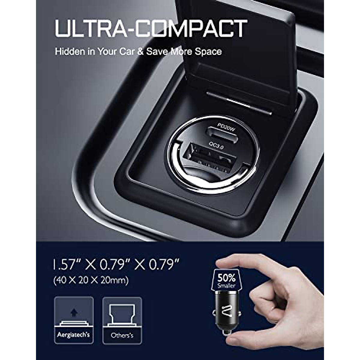 USB C Car Charger, Aergiatech 38W(20W+18W) PD&QC 3.0 Car Charger Adapter, Smallest Cigarette Lighter USB Car Charger, Compatible with iPhone 13/13 Pro Max/12/11, iPad Mini/Pro, Samsung and More