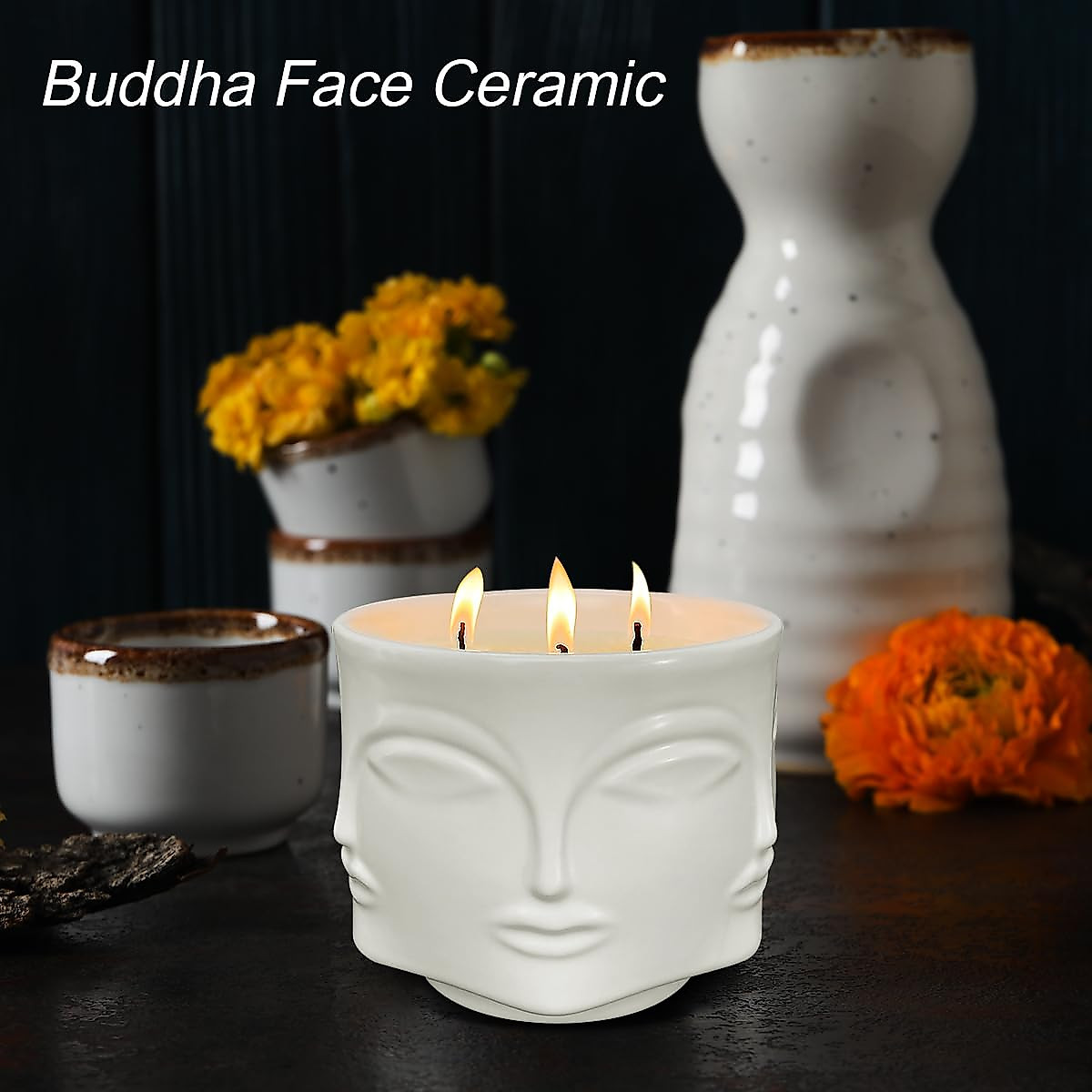 Citronella Candles Outdoor, YeeQue Aromatherapy Candle Long Lasting 100hrs with Ceramic Face Design for Outside Party Camping 20oz,3wicks