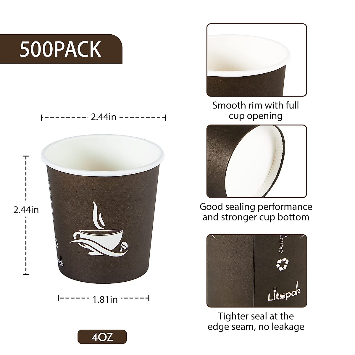 LITOPAK 500 Pack 4 oz Paper Cups, Brown Disposable Hot Coffee Cups for Party, Picnic, Travel, and Events