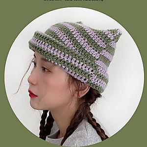 Cat Ear Beanie Y2K Striped Crochet Hat Fairy Grunge Headwear Accessories (Black,M(56-58cm))