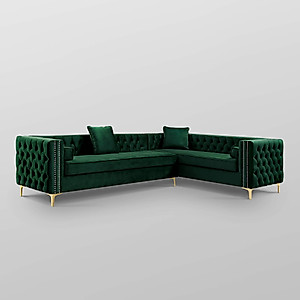 Inspired Home Green Corner Sectional Sofa - Design: Giovanni | 120" Right Facing | Velvet | Storage | Metal Legs | Tufted Design