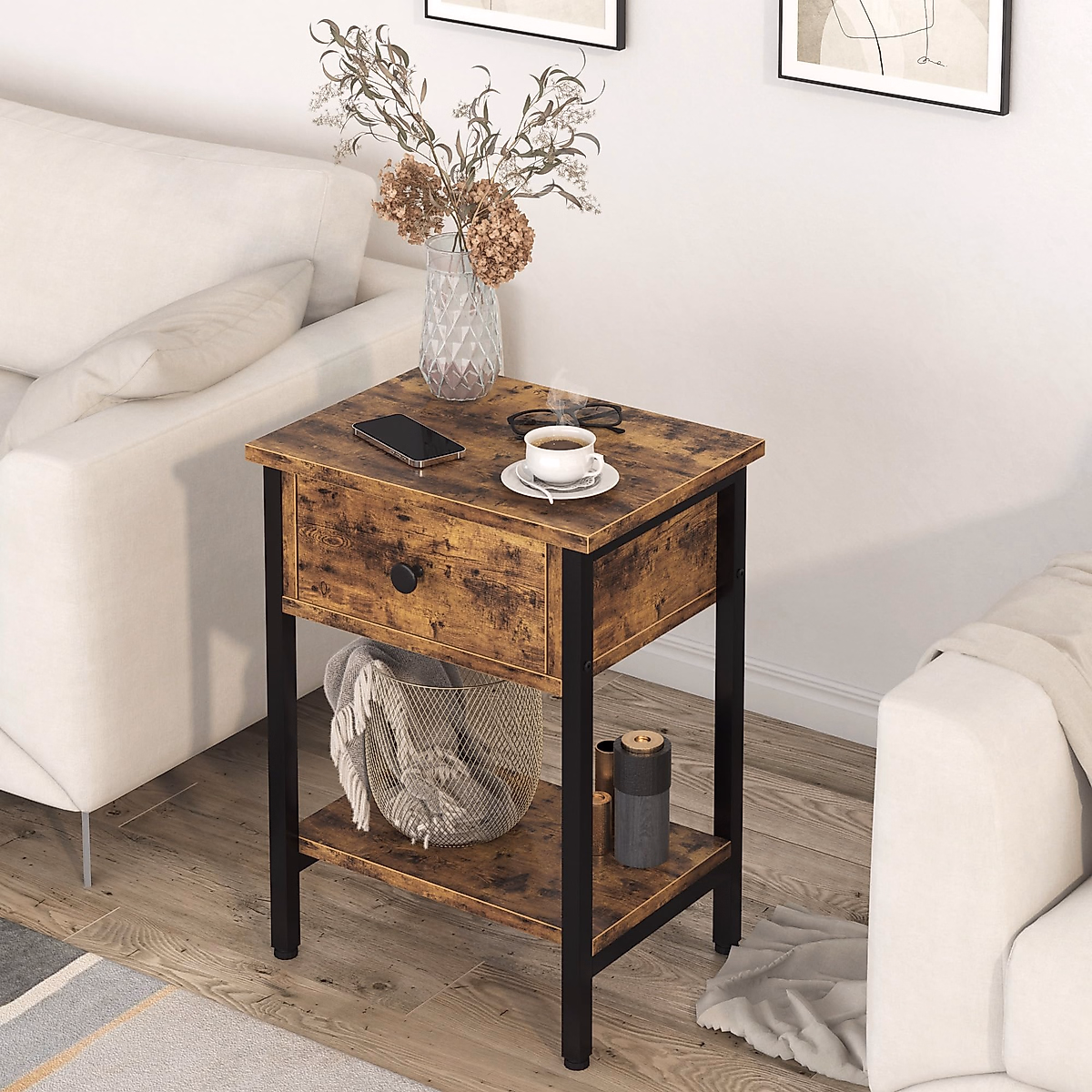 Night Stand Set of 2, Bedside Table with Drawers, Modern End Side Table with Storage Shelves, Versatile Nightstands for Bedroom Living Room Sofa Couch, Wood Metal Bedroom Furniture, Rustic Brown