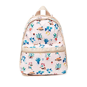 LeSportsac Comfy Cats Basic Backpack/Rucksack, Style 7812/Color F645 Colorful Playful Cozy Kittens and Cats Amid Floral Designs, Light Pink Iridescent Sheen Bag