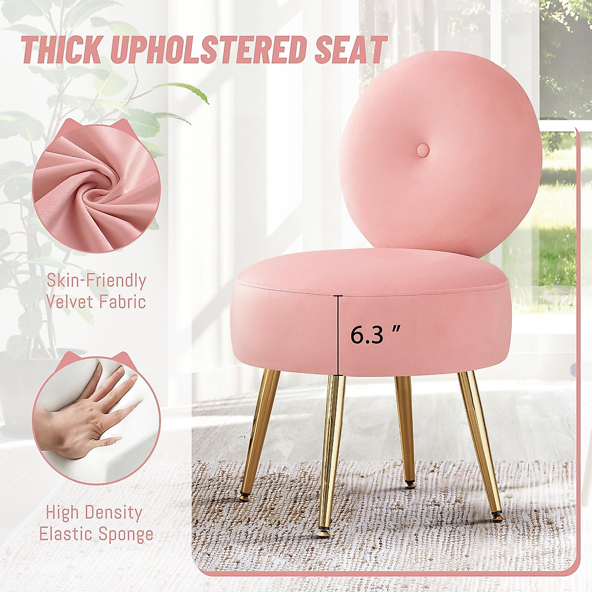 Furniliving Velvet Vanity Stool Vanity Chair with Back Makeup Chair for Vanity with Metal Legs, Mid Century Living Room Chair, Modern Chair for Dressing Room, Bedroom(Pink)