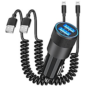 [Apple MFi Certified] iPhone Fast Car Charger, Adeqwat 4.8A Dual USB Power Rapid Car Charger with 2 Pack 6FT Coiled Lightning Quick Car Charging Cable for iPhone 14 13 12 11 Pro Max/XS/XR/iPad/AirPods