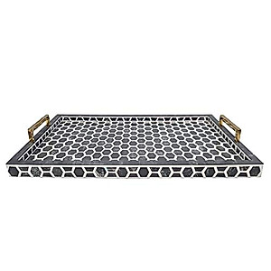 Moroccan Pattern Quatrefoil Bone Inlay Rectangular Serving Tray Brushed Brass Handles Dinner Coffee Decorative Gray