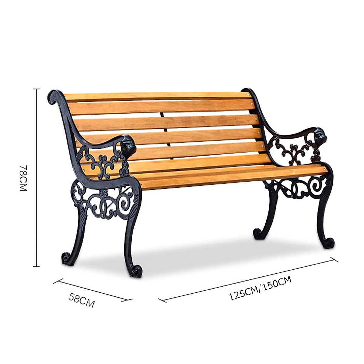 Outdoor Solid Wood Garden Park Bench, Patio Lawn Bench Porch Seat with Rust Resistant Cast Iron Frame, Slatted Seat with Backrest and Armrests for 2-3 People, Furniture for Deck/patio