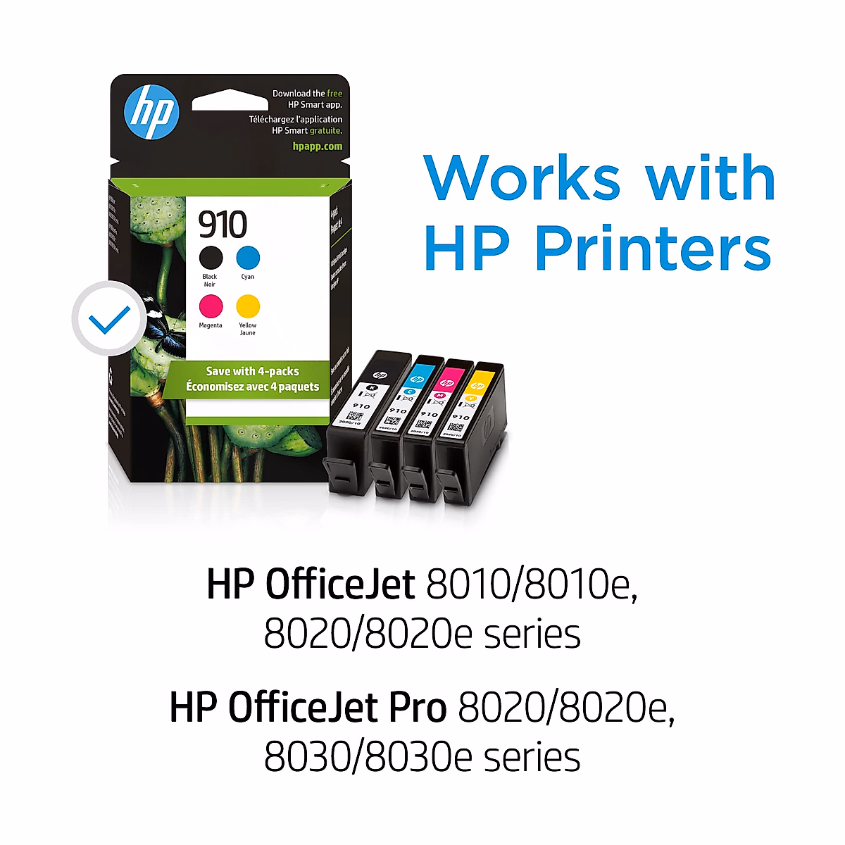 Original HP 910 Black, Cyan, Magenta, Yellow Ink Cartridges (4 Count -pack of 1) | Works with HP OfficeJet 8010, 8020 Series, HP OfficeJet Pro 8020, 8030 Series | Eligible for Instant Ink | 3YQ26AN