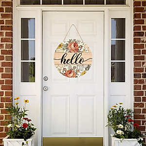 FWIEXA Vintage Hello Sign for Front Door, Boho Hello Spring Door Sign with Flowers, Colorful Floral Welcome Wooden Hanging Sign Decor for Entryway Front Porch Yard (12"x 12")