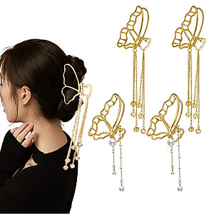 4 PACK Metal Big Butterfly Hair Clips with Pearl and Crystal Pendant Clamp Nonslip Hair Claw Hair Accessories for Women Girls for Thinner Thick Hair Styling Fashion Hair Supplies