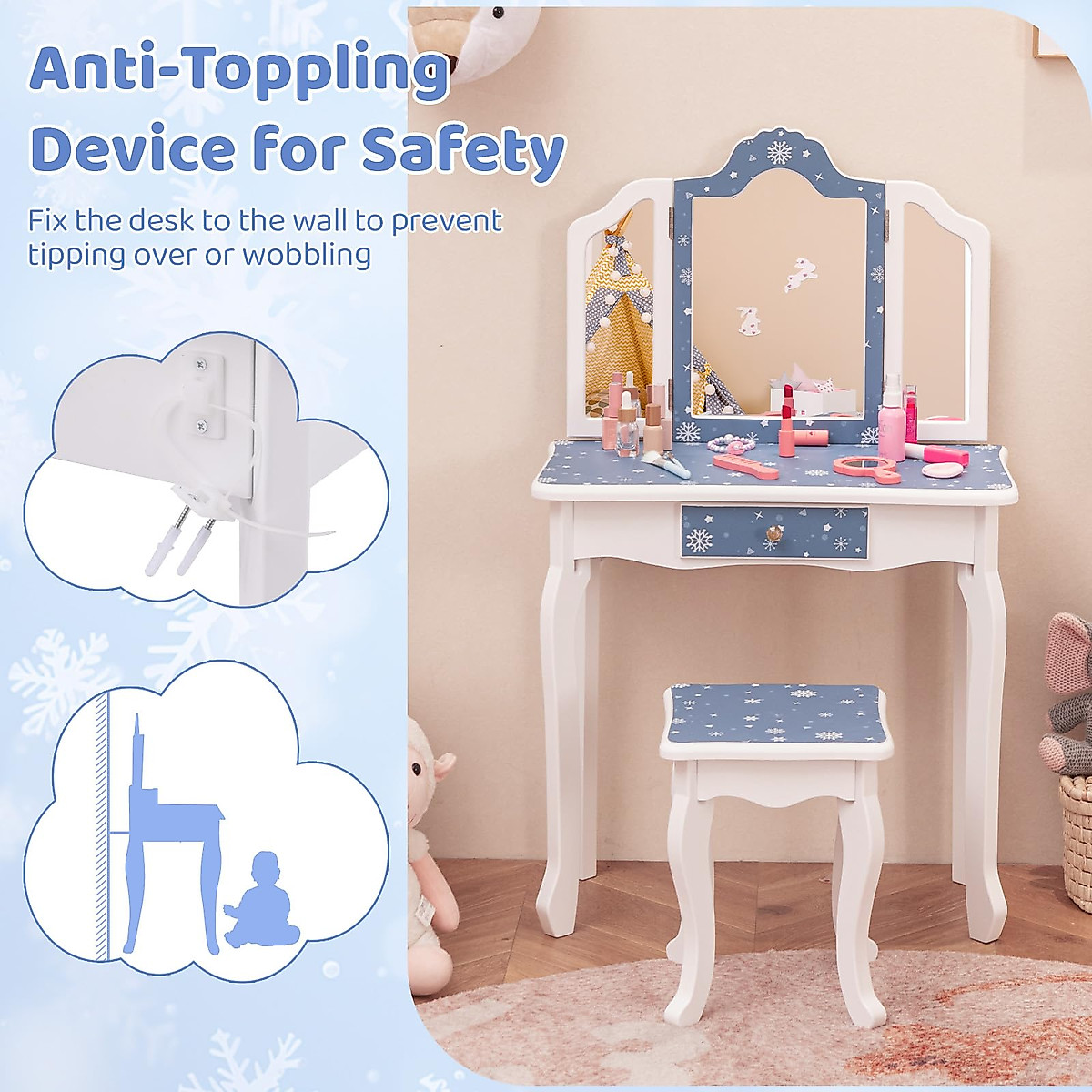 Olakids Kids Vanity Set, 2 in 1 Wooden Princess Makeup Table and Chair Set with Detachable Tri-Folding Mirror Storage Drawer, Snowflake Themed Girls Pretend Beauty Dressing Play Toy Gift (Blue)