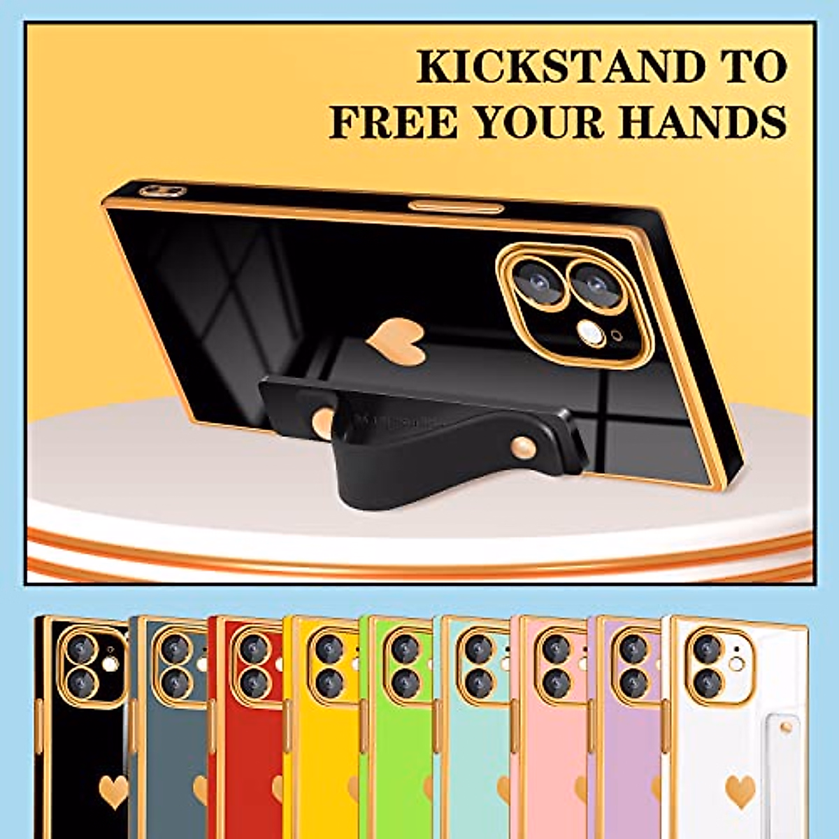 Petitian for iPhone 12 Square Case Loopy Stand/Strap, Luxury Cute Women Girls Heart Electroplated Designer Squared Edge Phone Cases for 12, Black