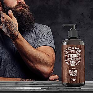 Viking Revolution Beard Wash Shampoo w/Argan & Jojoba Oils - Softens & Strengthens - Sandalwood Scent - Beard Shampoo w/Beard Oil (17 oz Shampoo)