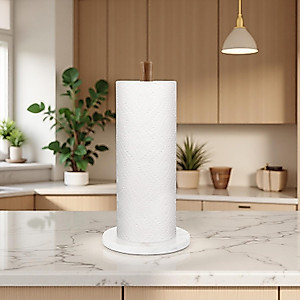 Buruis Wood Paper Towel Holder, Marble Base Modern Decorative Countertop Standing Rolls Holder for Kitchen, Toilet, Pantry and Bathroom (Marble Base White)