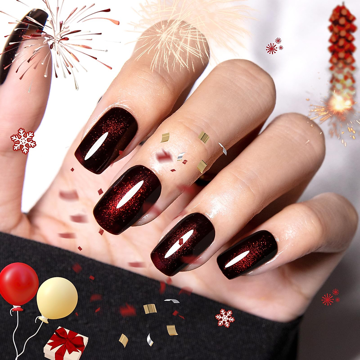 Burgundy Press On Nails Short, SHOWMORE Wine Red Glitter Cat Eyes Acrylic Fake Nails Medium Square Glue On Nails False Nails with Design Stick On Nails in 12 Sizes 24 Nail Kit with Glue (Handmade)