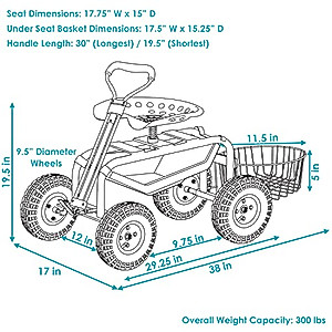 Sunnydaze Garden Cart Rolling Scooter - Features Extendable Steer Handle, Swivel Seat and Utility Tool Tray - Blue
