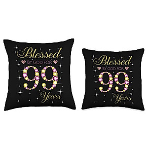 Blessed by God 99th Birthday Gift for Ladies Blessed by God for 99 Years Old 99th Birthday Gift for Women Throw Pillow, 18x18, Multicolor