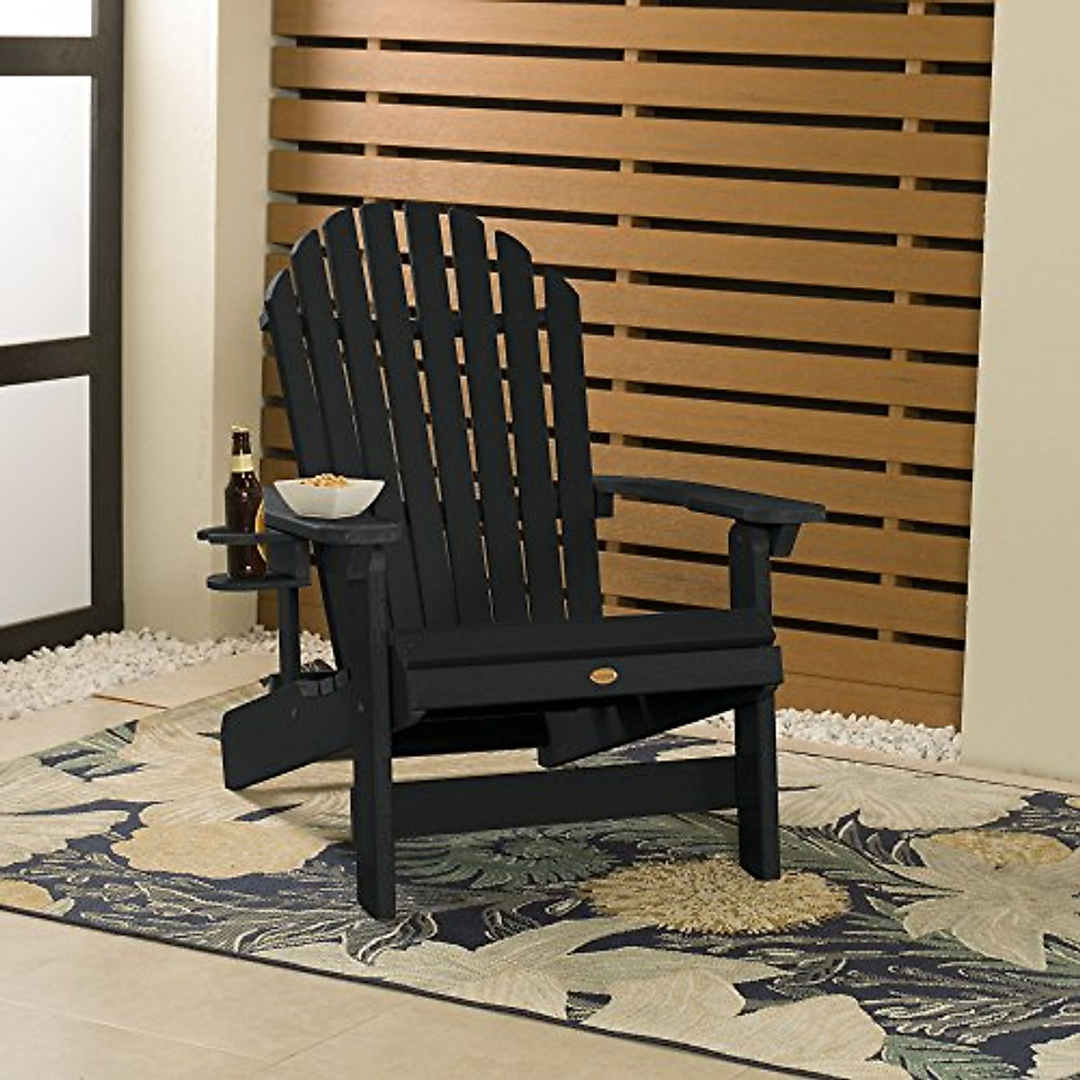 Highwood AD-KITKING1-BKE Hamilton King Size Folding & Reclining Adirondack Chair with Cup Holder, Black
