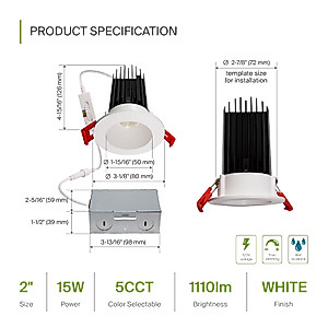 ASD 2 Inch LED Recessed Lighting, 15W 120V LED Downlight, 5 CCT 2700K-5000K, Canless Dimmable LED Downlights for Ceiling with J-Box, Smooth Reflector, CRI 90+, IC Rated, ETL Energy Star, White 18 Pack
