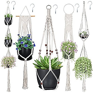 Macrame Plant Hangers, Hanging Planters Set of 5 with 5 Hooks, Hanging Planters for Indoor and Outdoor Plant Décor, Different Tier (5 Sizes) Beige