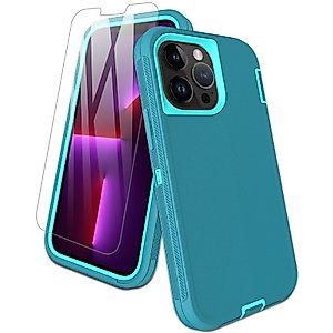 Aliruke for iPhone 13 Pro Max Case, with Screen Protector, Dust-Proof Port Cover, Full-Body Non-Slip Silicone Rubber Covered, Military Grade Drop-Proof Shockproof Phone Case, Mint/Teal