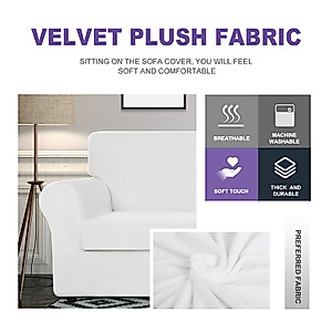 ZNSAYOTX Luxury Velvet Chair Slipcovers with Arms 2 Piece Stretch Chair Covers for Living Room Thick Soft Armchair Slipcover Anti Slip Dog Pet Friendly Furniture Protector (White),30"-47"(1 Cushion)