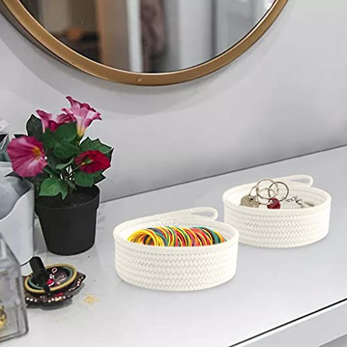 Bothyi 2 Pieces Round Small Woven Baskets Set Storage Gifts Mini Tray Montessori Rope Basket for Bedroom Drawer Nursery, White